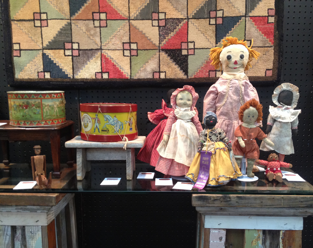 show photo antique dolls, toys, hooked rug - J Compton Gallery